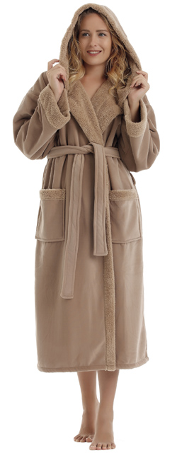 Womens Hooded Sherpa Trim Sheepskin Look Bathrobe